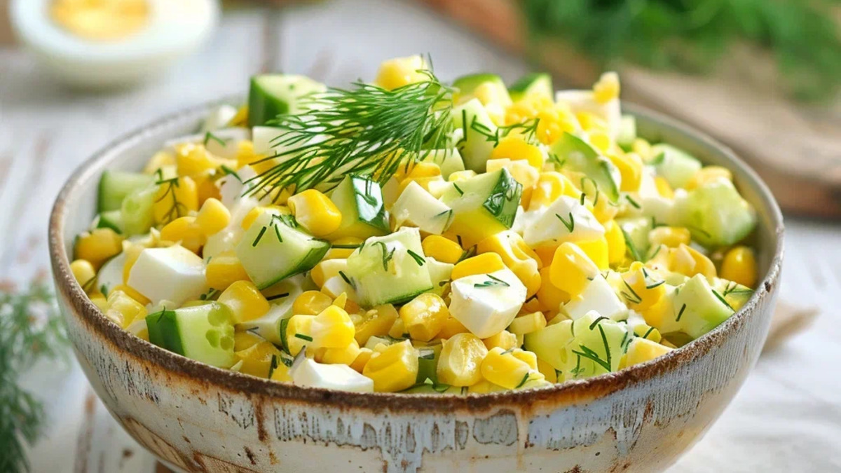 Салат с кукурузой, яйцом и свежим огурцом — Пошаговый рецепт ...